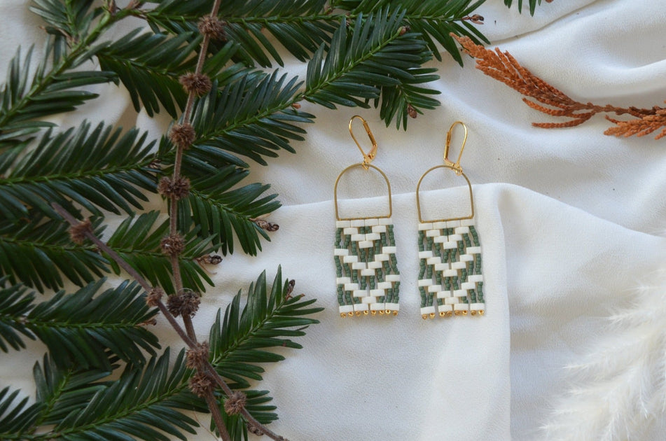 ready-to-ship Forest Green Michif Woven Danglers – Three Sisters by Emma